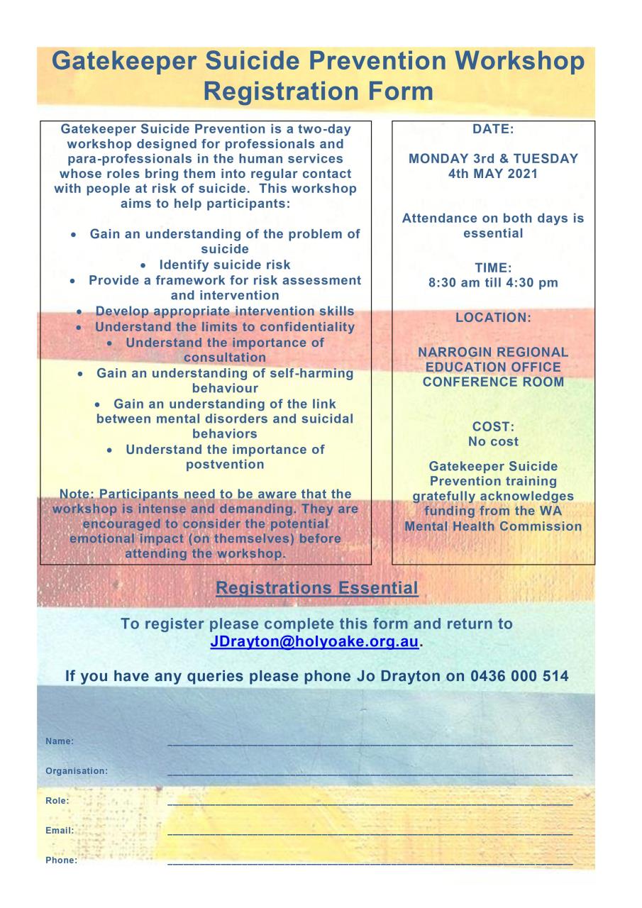 Gatekeeper Suicide Prevention Workshop Registration Form » Shire of Narrogin