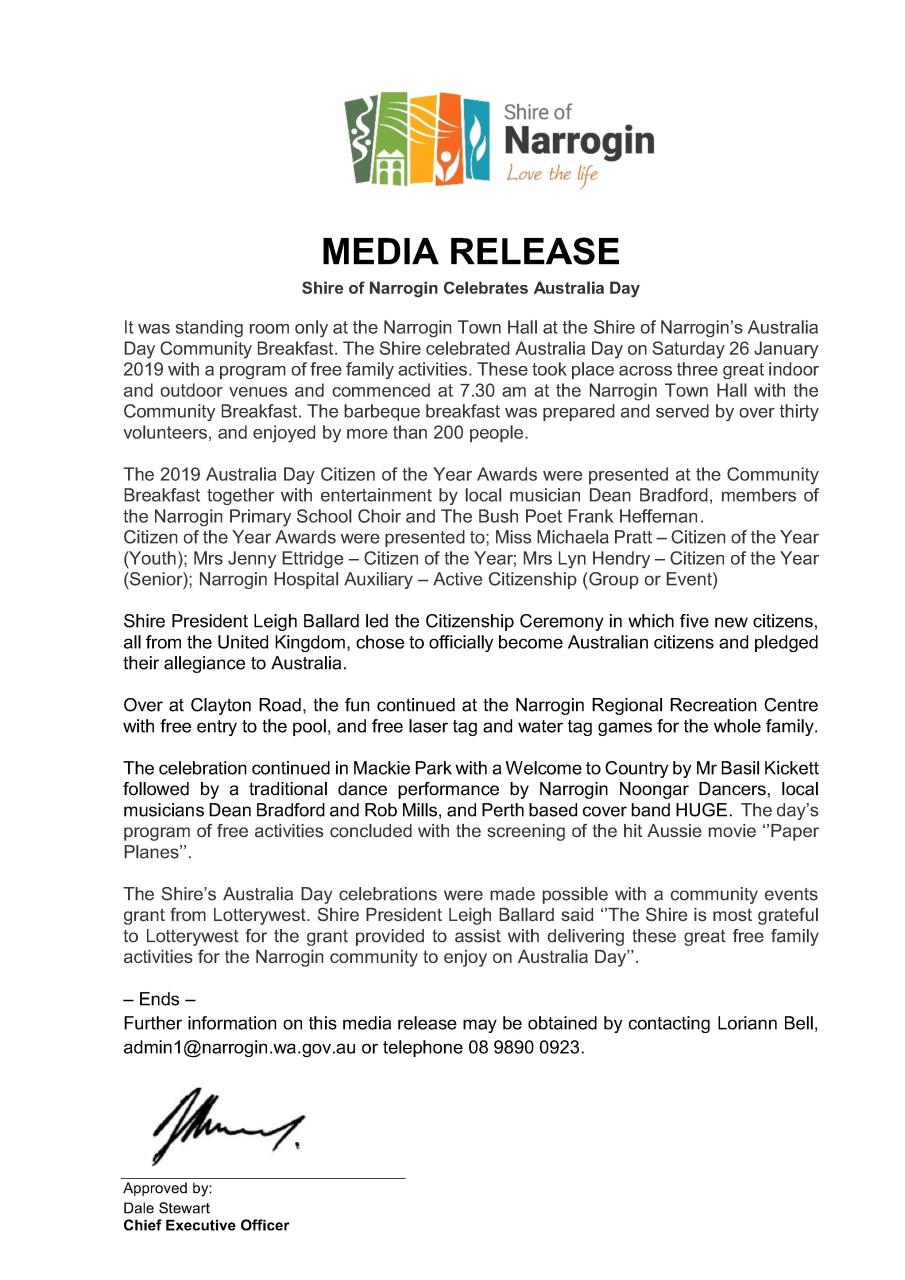 News Story - Media Release - Australia Day 2019 » Shire of Narrogin